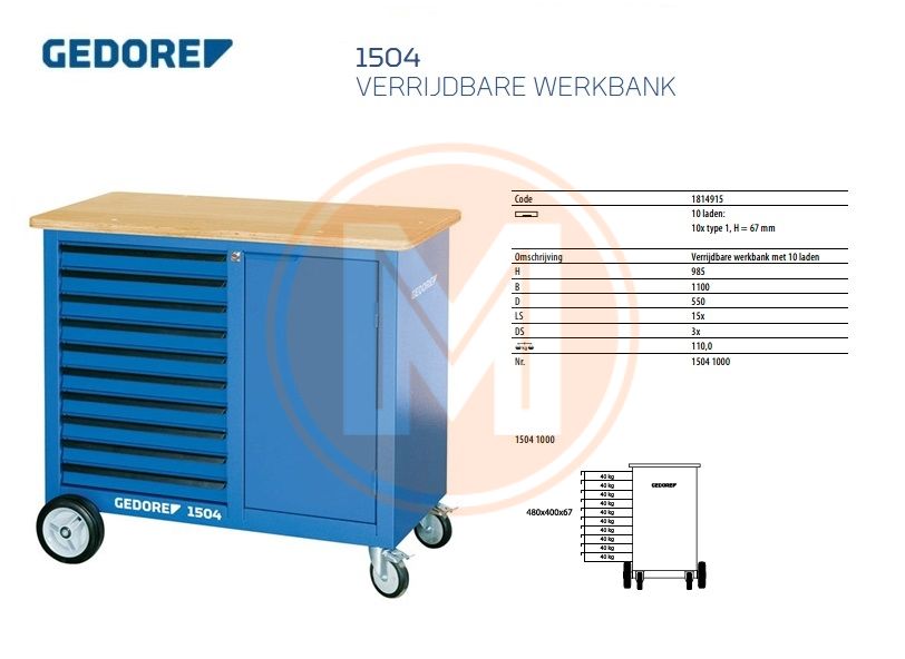 Gedore 1504 1000 (1814915) Verrijdbare werkbank 1504, 10 lades ...